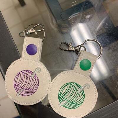 Key Fob , Key Chain , Snap Tab , Embroidered Vinyl Ball of Yarn , I ...