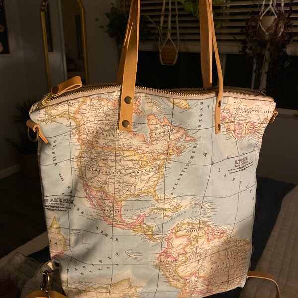 World Map Tote Bag With Zipper, Cute Canvas Shoulder Tote for Travel ...
