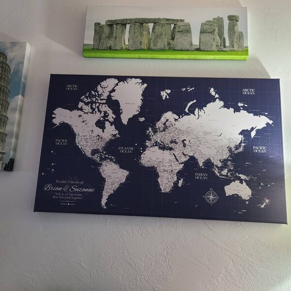 Navy Push Pin Travel Map World, Custom Push Pin World Map, Canvas Map ...