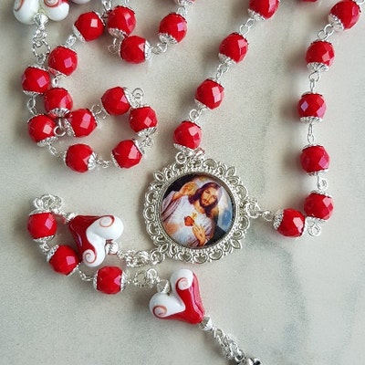 Natural Rose Quartz Catholic 5 Decade Rosary Lamp Work Glass Pink Roses ...