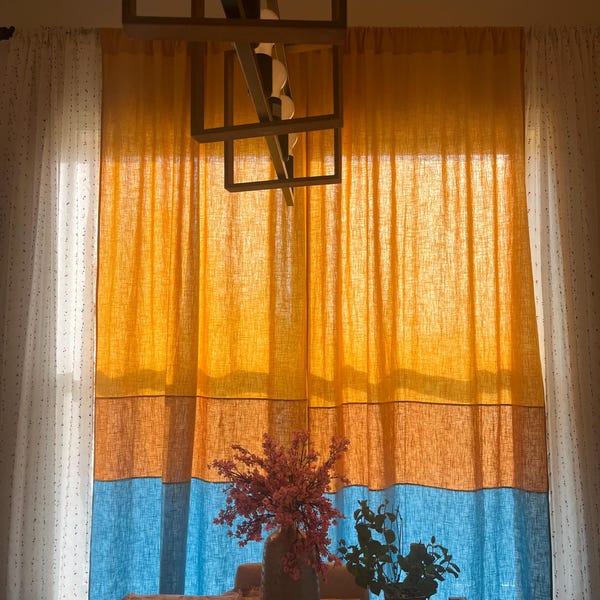 Tri-coloured Natural Linen Curtains, Colour Blocks According to Feng ...