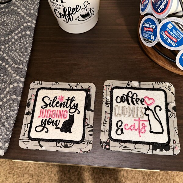 Handcrafted Embroidered Fabric Mug Rug Coasters Coffee Caffeine Set #1 ...