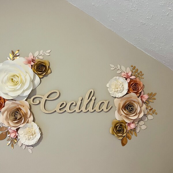 Pink & Rose Gold Paper Flower Set With Wood Name Sign - Etsy