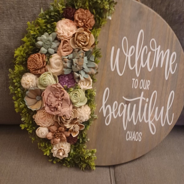 Personalized Wood Flower Door Sign With Name Handcrafted Welcome Sign ...