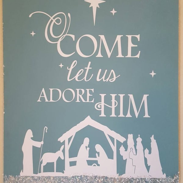 O Come Let Us Adore Him With Nativity Christmas Vinyl Wall Decal Quote ...
