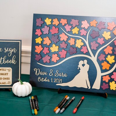 Autumn Wedding Guestbook Alternative Tree of Maple Leaves Guest Book 3D ...