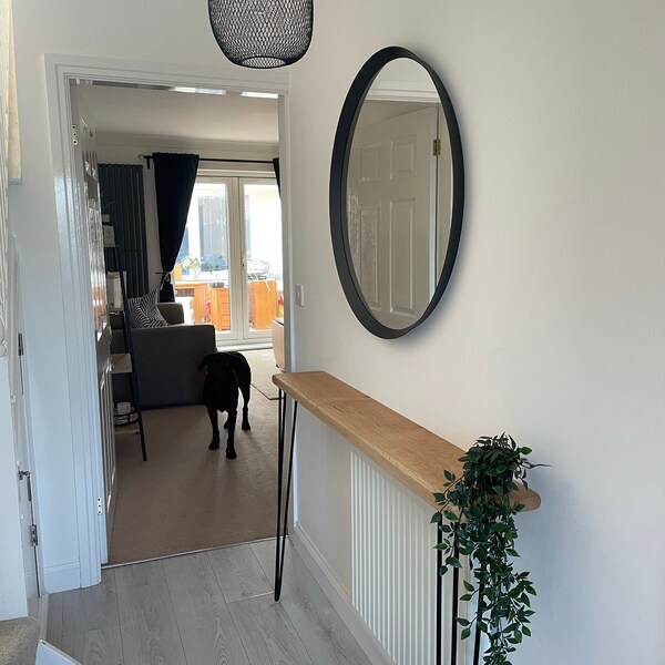Solid Oak Hand-made Console Table With Black Three Pin Hairpin Legs ...