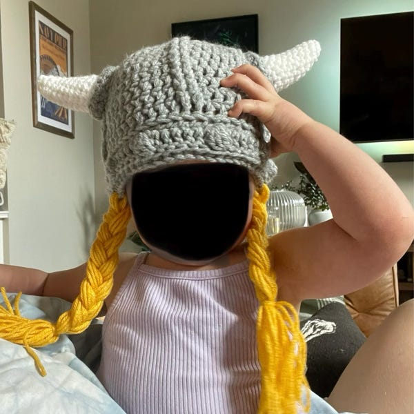 Crochet PATTERN Viking Helmet Hat Pattern With Braids and Horns Purple ...