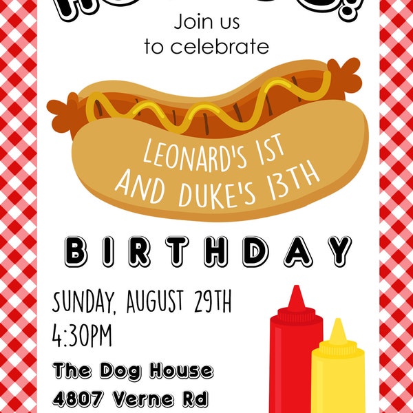 Editable Hot Dog Birthday Invitation Invite Party Kids Digital 5x7 ...