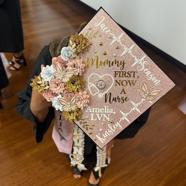 Pink Gold Graduation Cap Topper, Custom Grad Cap, Nurse Grad Cap ...