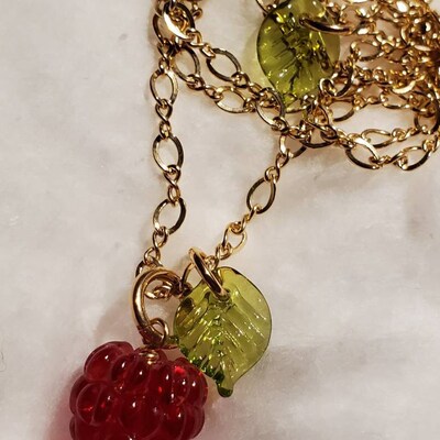 Raspberry Charm Necklace W/ Small Glass Raspberry on Sterling Silver or ...