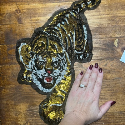 Gold Sequins Beaded Tiger Applique Handmade Sew on Patches for Vintage Clothes Back or Denim ...