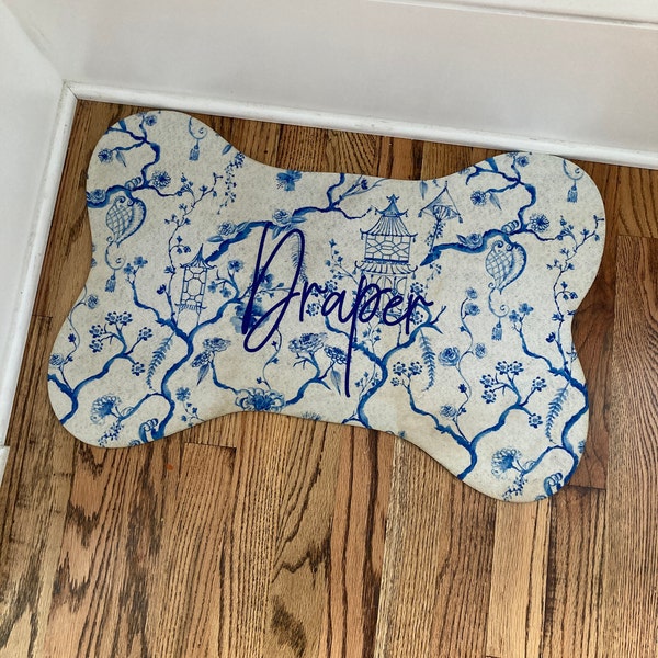Chinoiserie Dog Bone Pet Mat, Blue and White Bone Shaped Dog Bowl Mat ...
