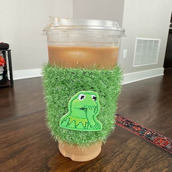 Tea Drinking Puppet Frog Coffee Cozy - Funny Meme Green Frog Fuzzy Hot ...