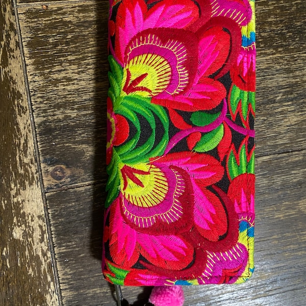Red Flower Boho Wallet for Women, Hmong Embroidered Purse, Bohemian ...