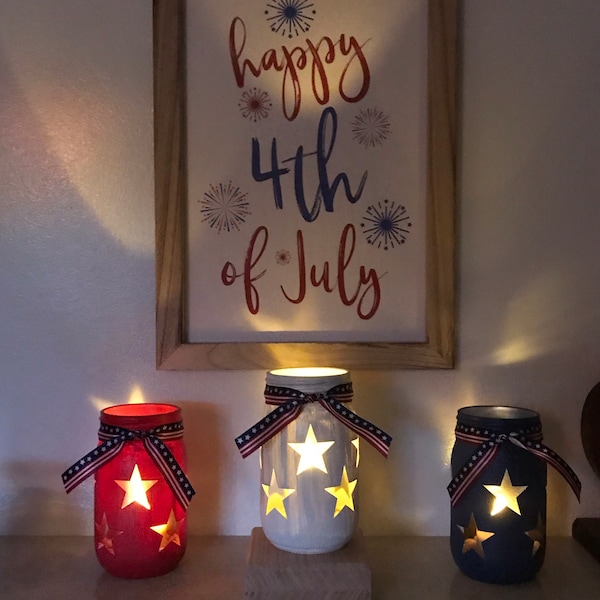 Set of Patriotic Painted Mason Jar Tea Light Candle Holders, Painted ...