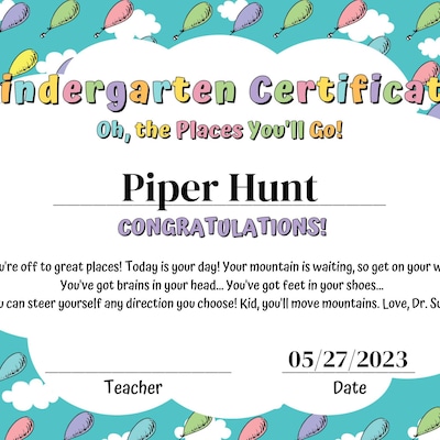 Oh the Places Youll Go / Dr. Seuss / Pre-k Certificate for Graduation ...