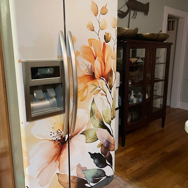 Fridge Wrap Floral Beige Refrigerator Wrap Vinyl Side by Side ...