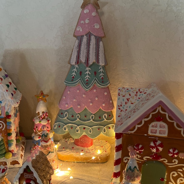 Christmas Tan Victorian Glitter Lighted Gingerbread Hand Painted House ...