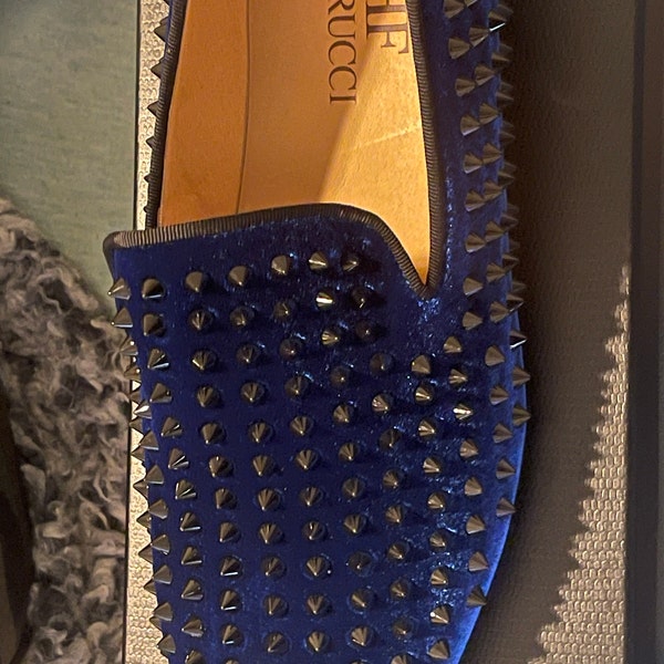 FERUCCI Blue Velvet Slippers Loafers Flat With Black Spikes Rivets Prom ...