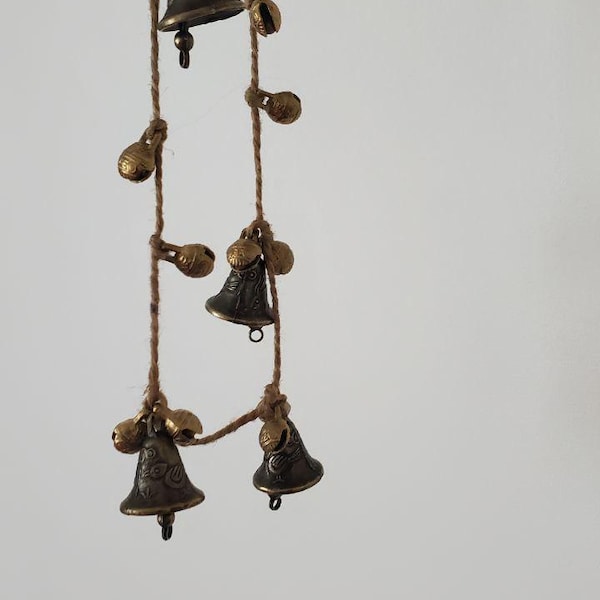 Bells on String With BLUE Ceramic Beads, Rustic Windchime, Vintage Cow ...