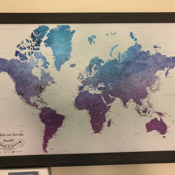 CANVAS Personalized Vibrant Violet World Travel Map - Push Pin World ...