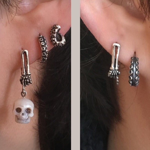 Pearl Skull Asymmetric Earrings, Skeleton Hand Bone, Human Skull, Goth ...