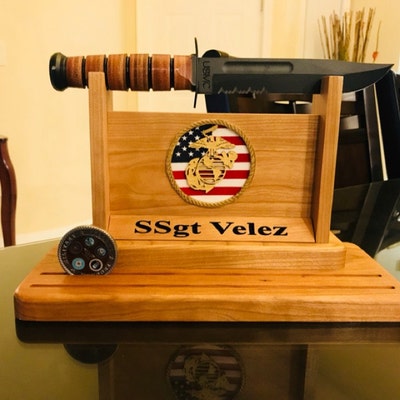 USMC Personalized Gift Wood Display Stand for Knife and Challenge Coin ...