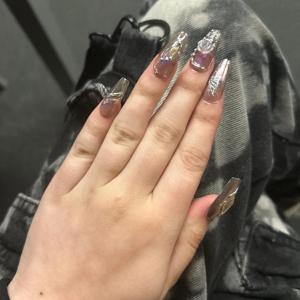 Handmade Starry Black Pink Glass Bead Cat Eye Press on Nails Rose Pink ...