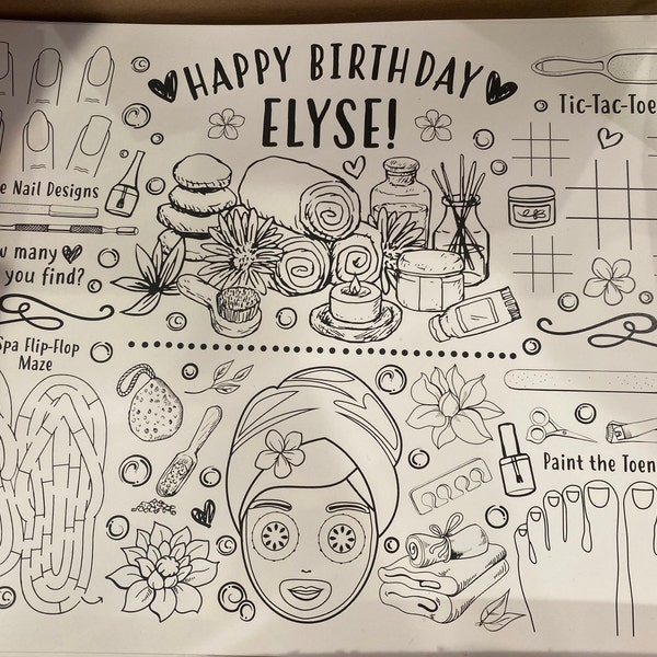 Spa Party Coloring Placemat, Personalized, Spa Party, Printable, Custom ...