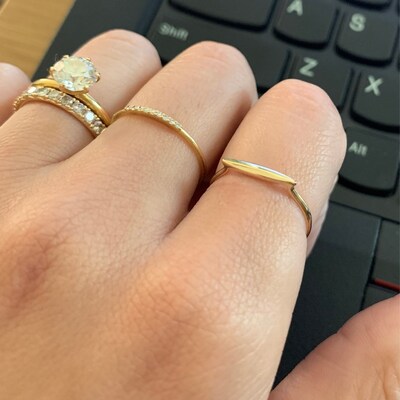 14K Solid Gold Rectangle Bar Ring, Plain Stacking Ring, Thin Gold, Stackable Knuckle Dainty Ring ...