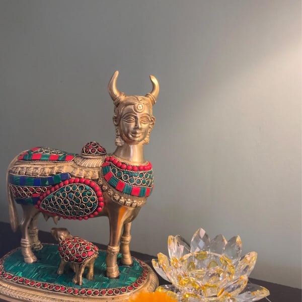 Brass Kamdhenu Cow With Calf Statue Stonework, 23CM Holy Cow Idol ...