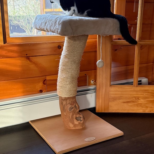 Natural, Handmade Custom Name Sisal Cat Scratching Post Condo With Fur Perch + Sisal Toy - Warm ...