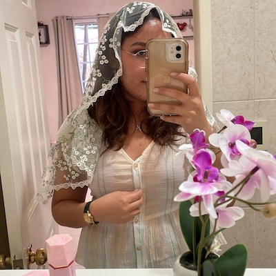 Mantveil Catholic D Shape Veil, Cross and Virgin Prayer Veil, Floral ...