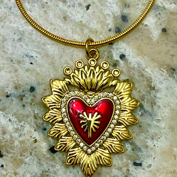 18k Gold Plated CZ Red Sacred Heart Charms, CZ, Love, Milagro Ex Voto ...
