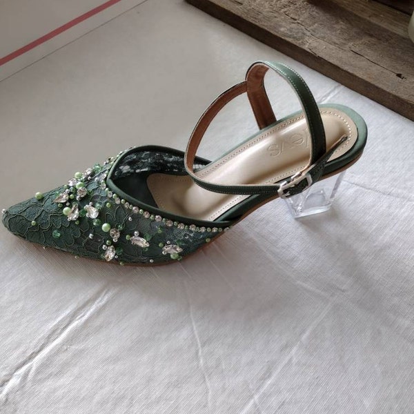 Green Lace Pointed Toe Shoe, Pearl Applique Wedding Shoe, Elegant ...
