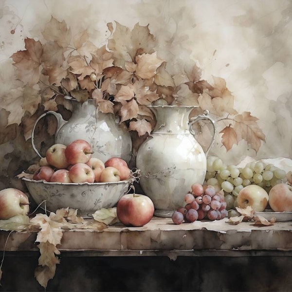 Vintage Fall Wall Art Printable Autumn Harvest Still Life Watercolor ...