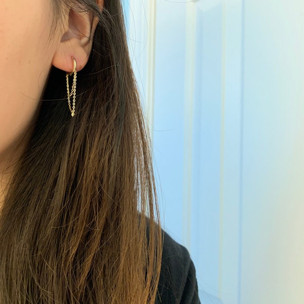 14k Solid Gold Double Chained Hoop Earring, Drop Hoop Earring, Huggie ...