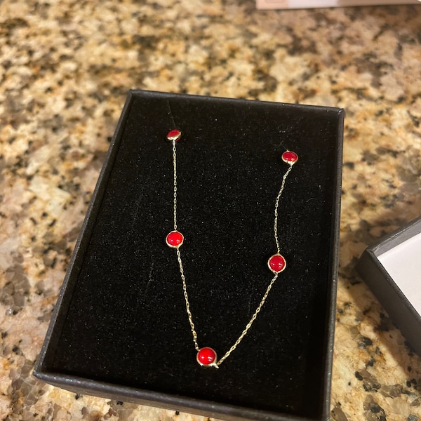 Ruby Necklace / 14K Solid Yellow Gold Ruby Station Necklace/ Beaded Ruby Necklace / Station ...