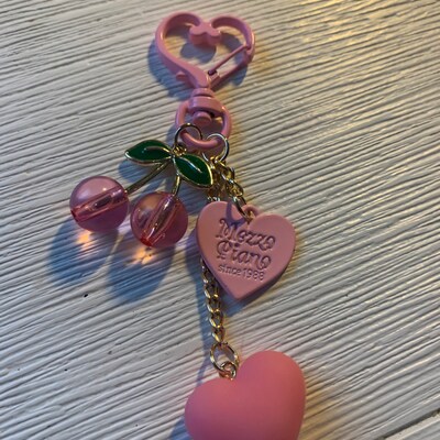 Pink Cherry Keyring With Heart Clasp, Cute Heart Keychain, Keychain ...