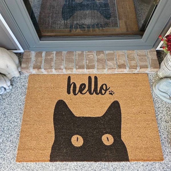 Doormat Black Cat Bombay Hello | Cute Cat Peeking | Welcome Mat | Funny ...