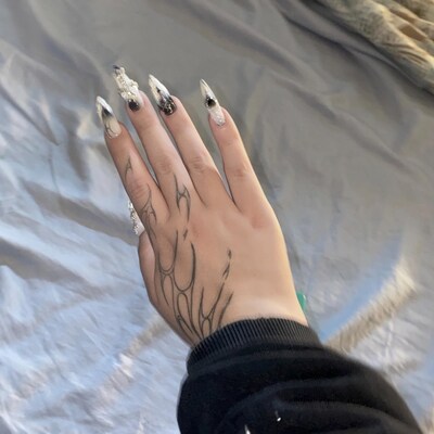 Stiletto White Emo/goth Iridescent Press on Nails With Silver Heart ...