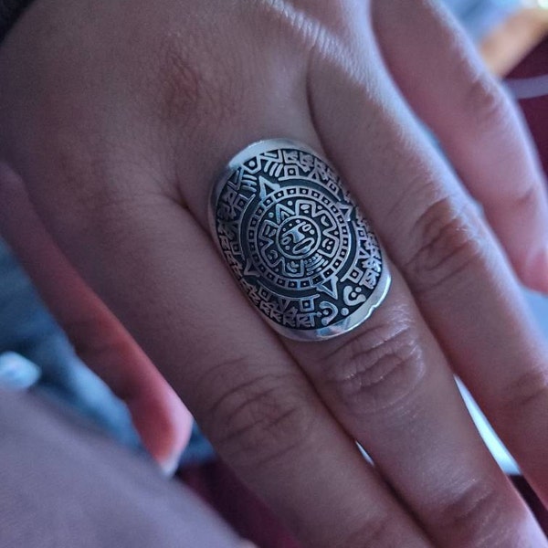 Big Aztec Calendar Ring, Handmade, Aztec Calendar Solid Silver Ring ...