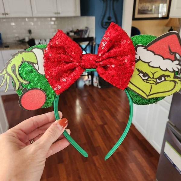 Minnie Mouse Ears, Christmas Holiday Minnie Ear, Grinch Minnie Mouse ...