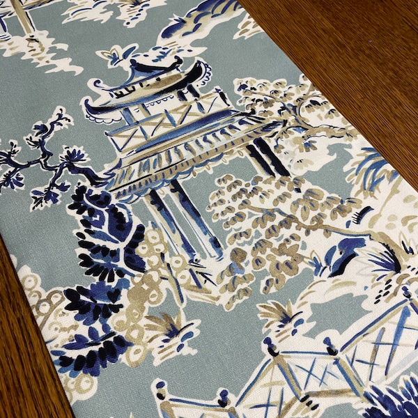 HAMILTON FABRICS MING Rain Spa Blue Asian Temple Chinoiserie Toile ...