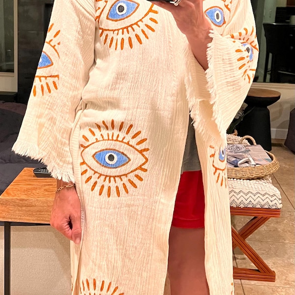Evil Eye Robe, Turkish Bathrobe, Beach Kimono, Turkish Towel Robe ...