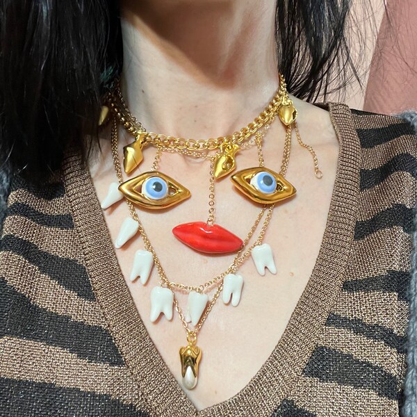 FACE NECKLACE / Gold Plated Porcelain Surreal Jewelry / Large Statement ...