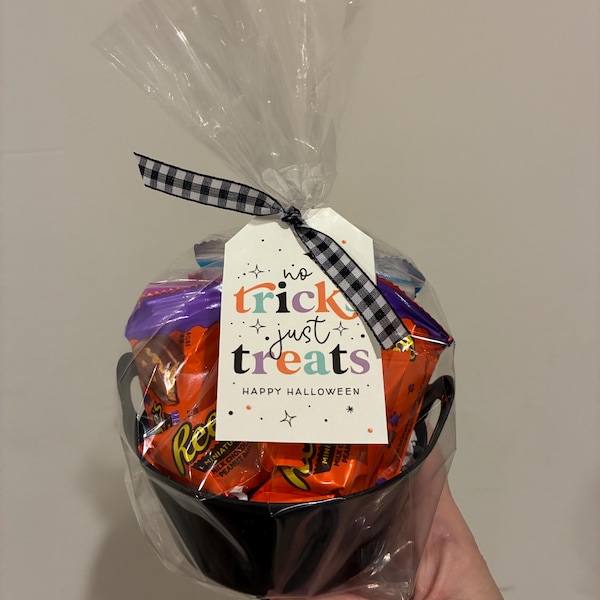 No Tricks Just Treats Tag, Printable Happy Halloween Favor Tags, Simple ...