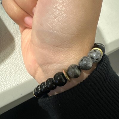 Black Obsidian and Larvikite Bracelet Man Jewelry Stretch Bracelet Man Bead Bracelet Heal ...