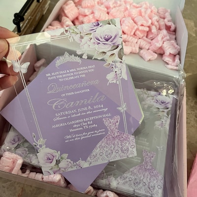 Clear Acrylic Quinceañera Invitations With Pink Flowers Gold Silver ...